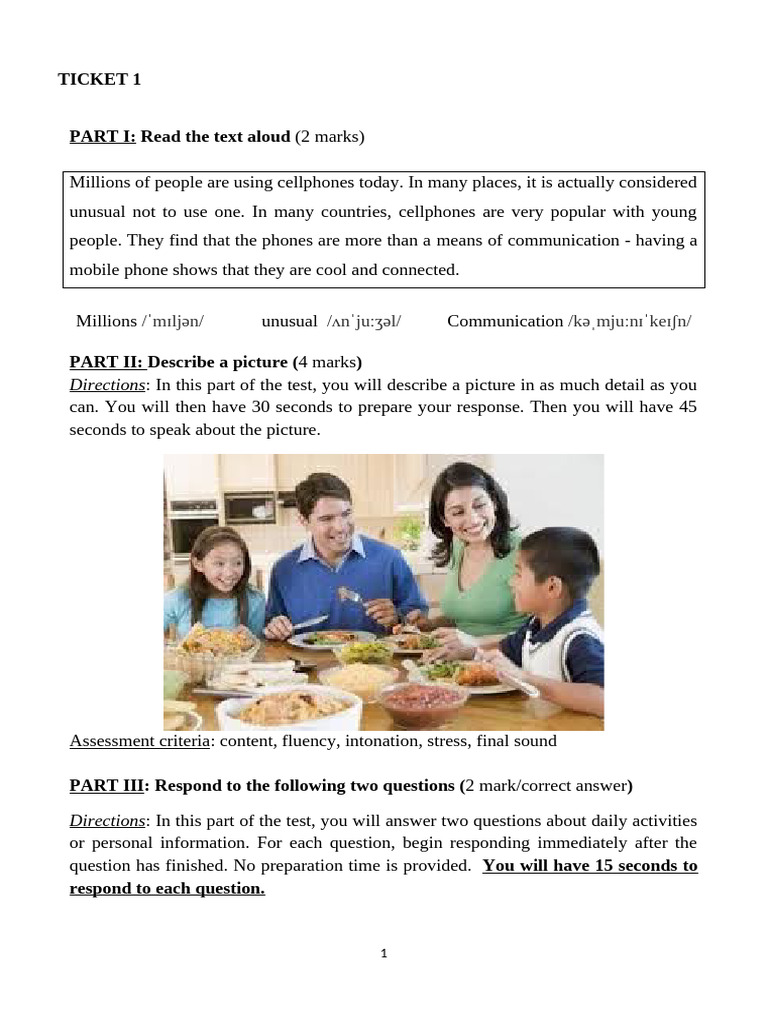 SPEAKING LEVEL 1 - Mid-Term TEST 1 | PDF | Question