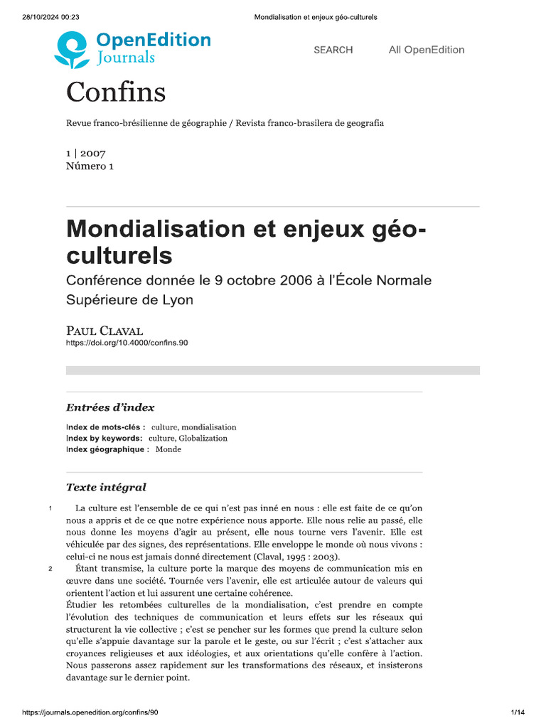 Paul Claval Sur La Culture | PDF