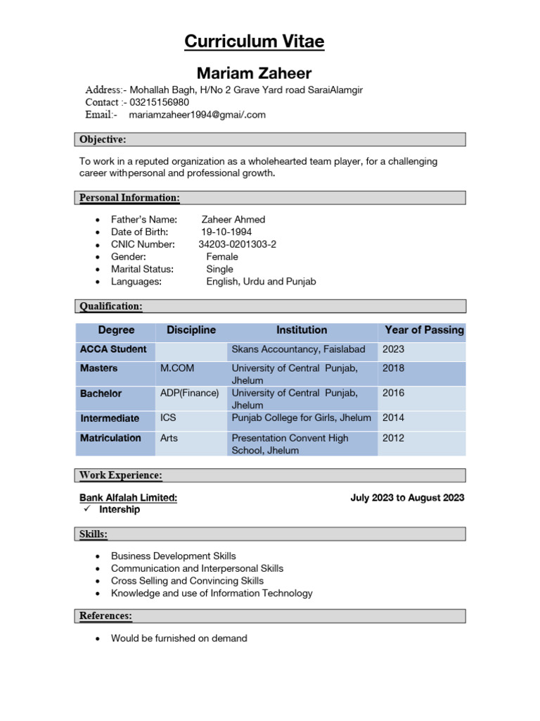 Mariam Zahher CV | PDF