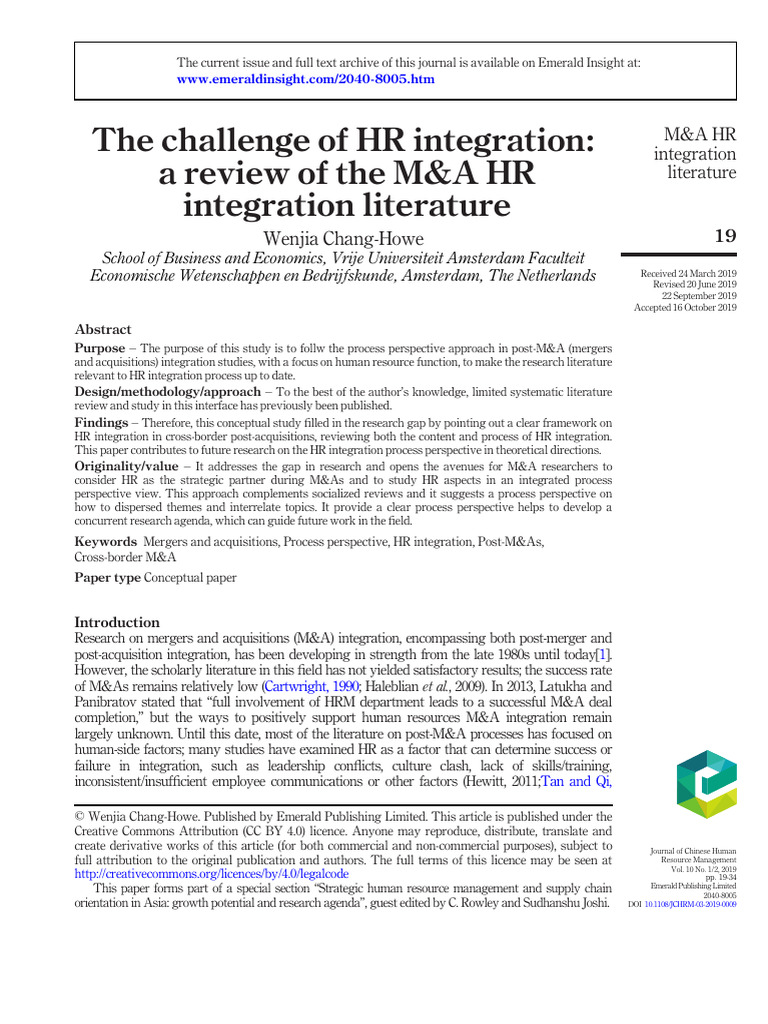 Literature For HR Integration | PDF | Mergers And Acquisitions | Change ...