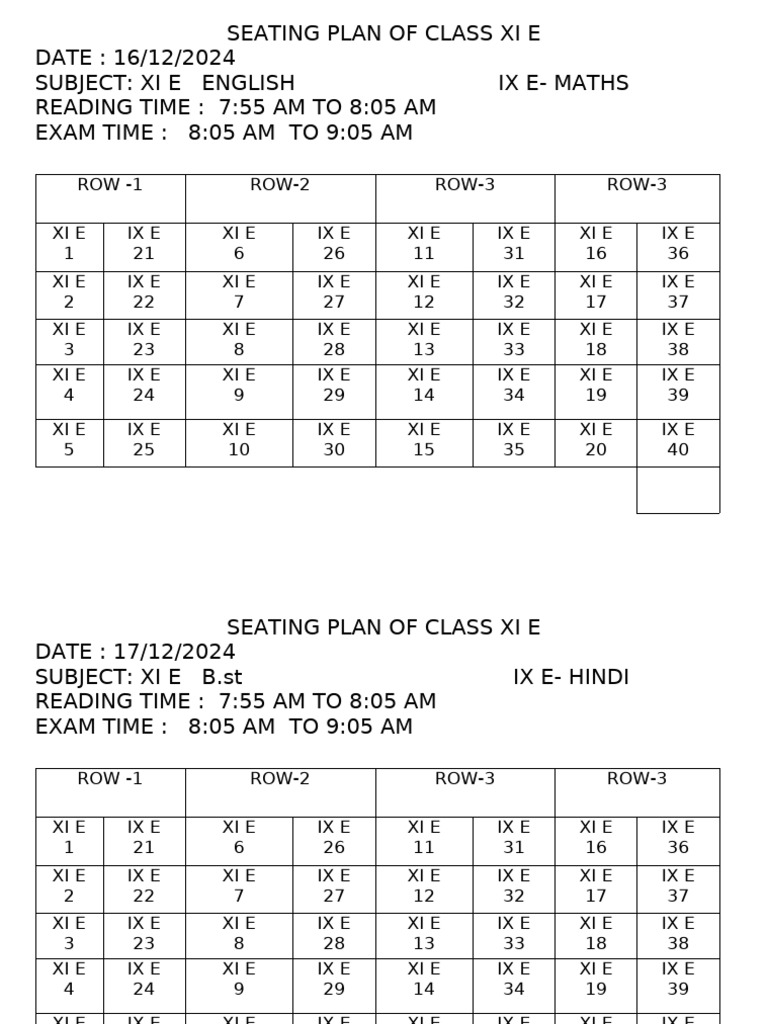 Seating plan-PRE BOARD 1 | PDF