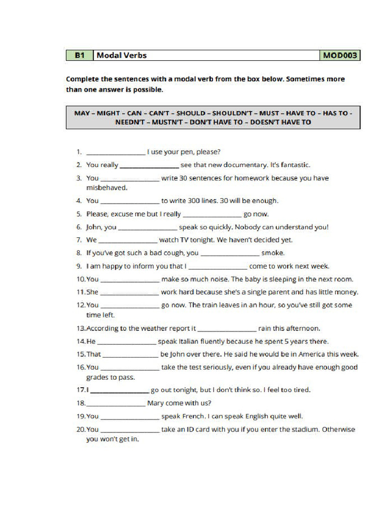Modal Verbs Exercises | PDF