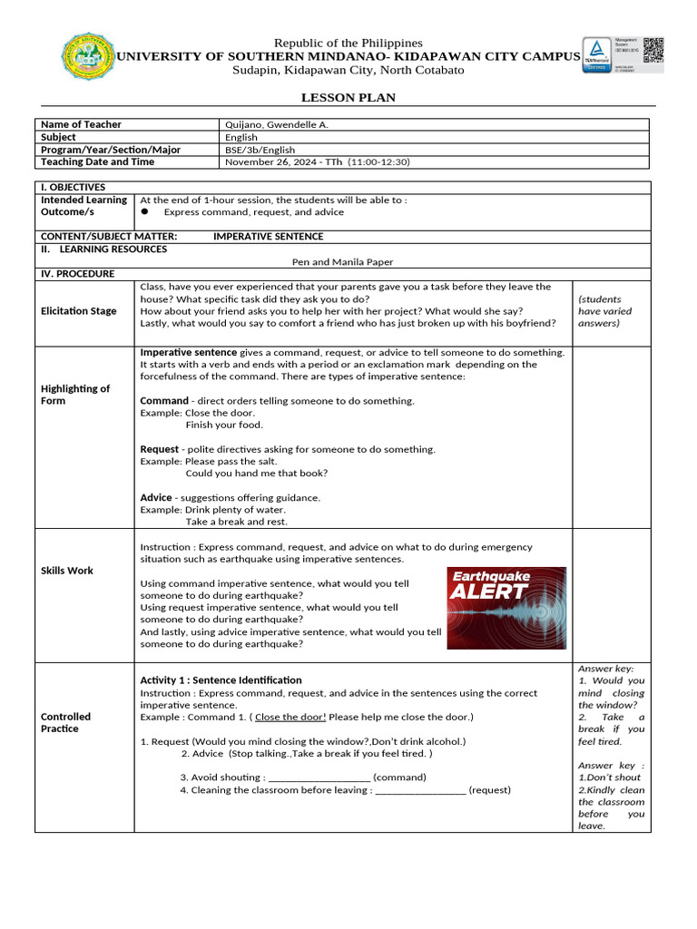 Imperative Sentences Lesson Plan | PDF | Human Communication | Cognition
