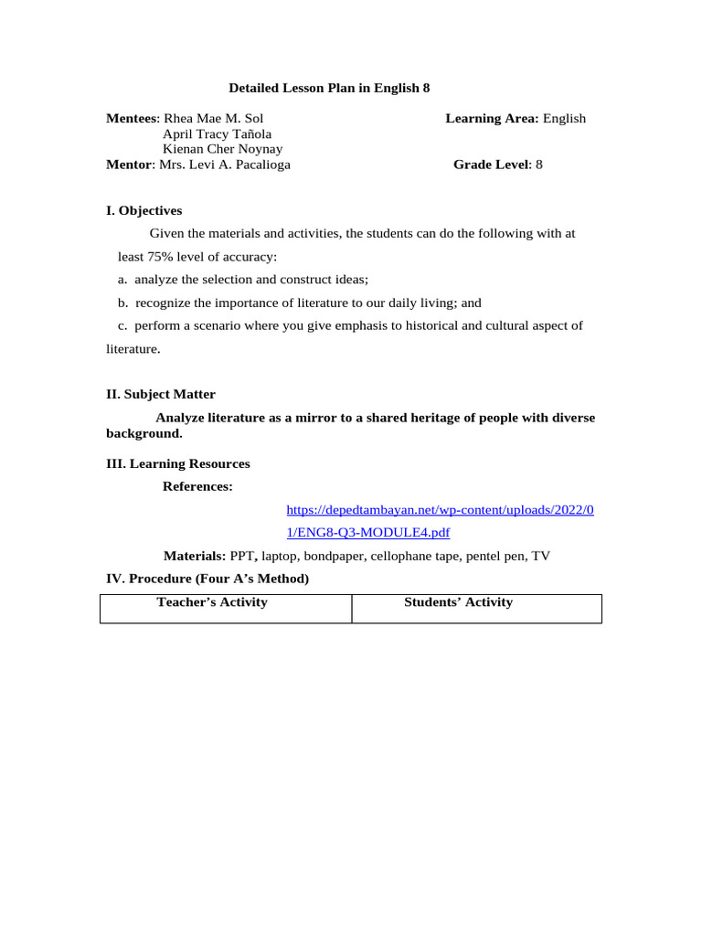 Benlac Lesson Plan - 090555 | PDF | Experience | Poetry