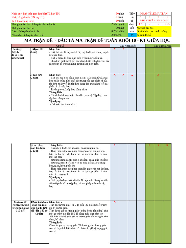 (Hs) Ma Trận Đề Kt Ghki- Toán 10-24-25 | PDF