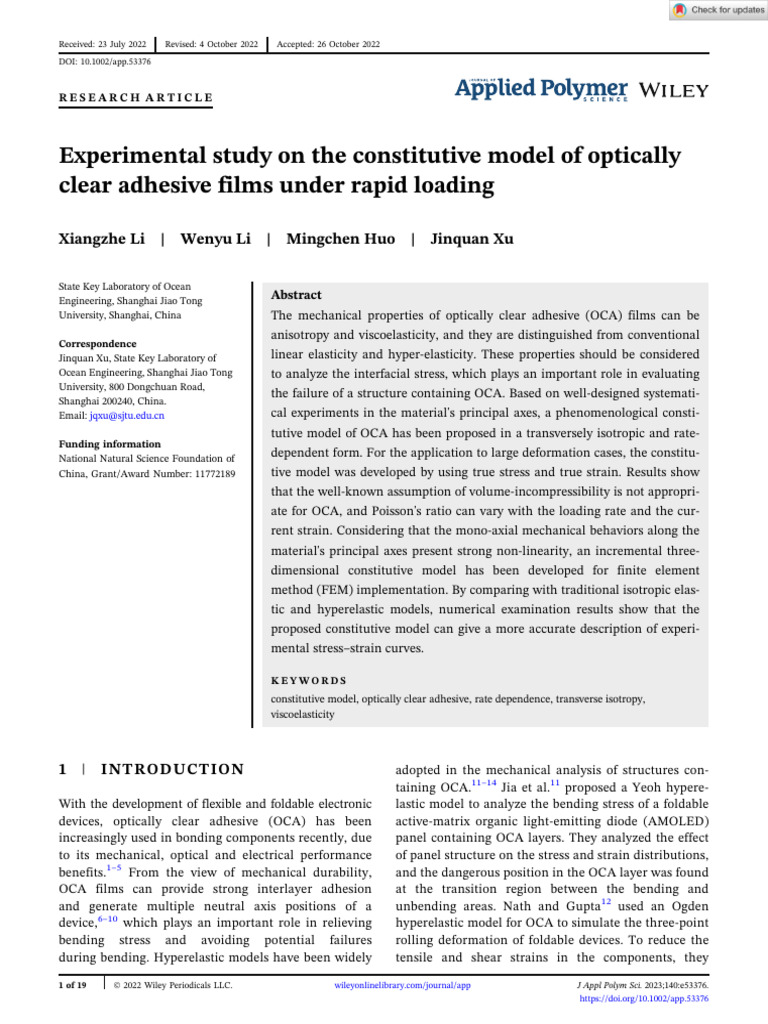 Experimental Study On The Constitutive Model of Optically Clear Adhesive Films Under Rapid ...