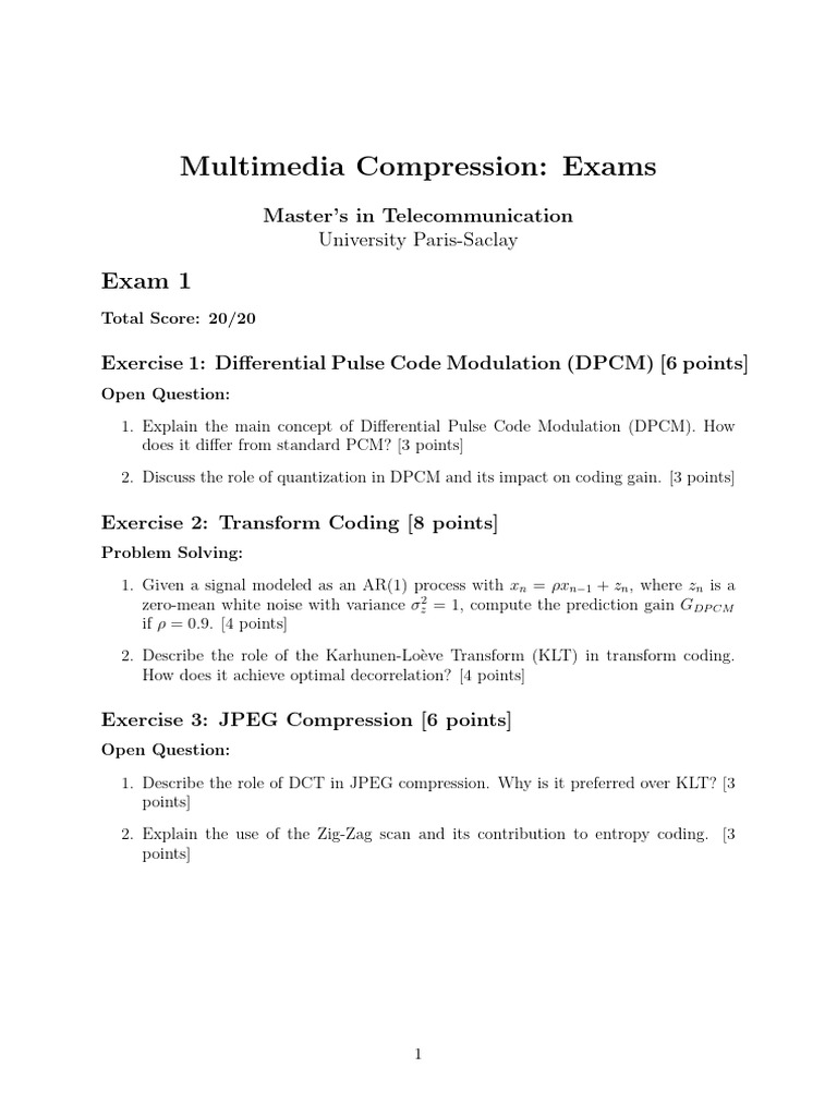 Telecom Exam: Multimedia Compression | PDF | Data Compression | Algorithms