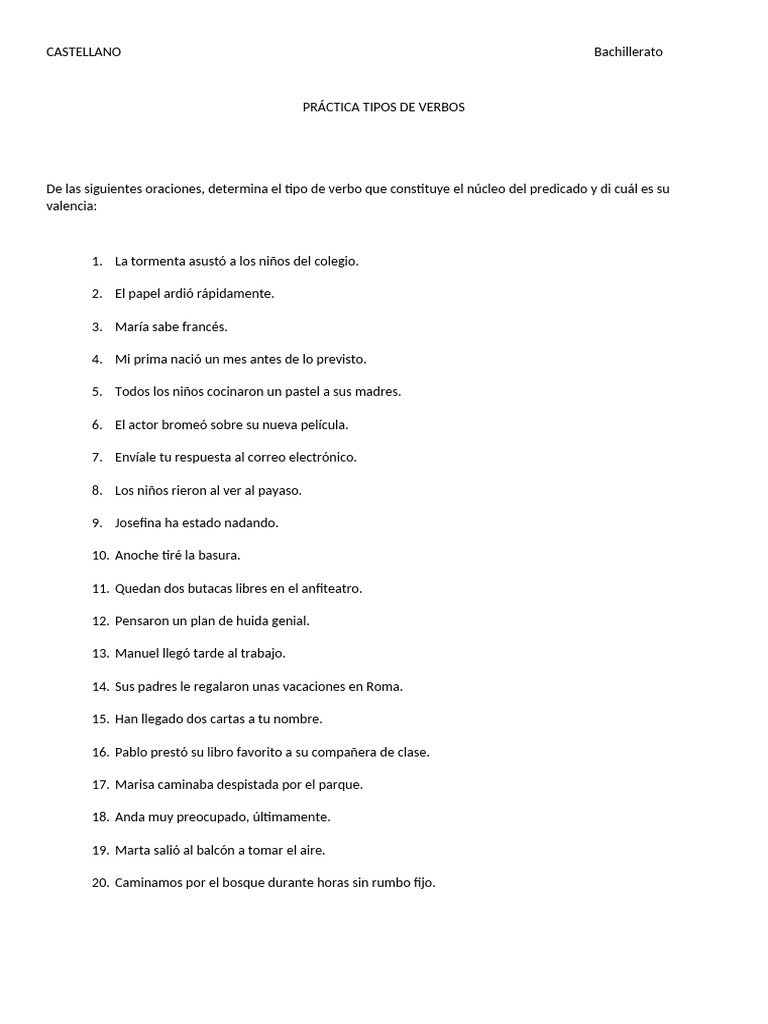 Práctica Tipos De Verbos 2 Pdf