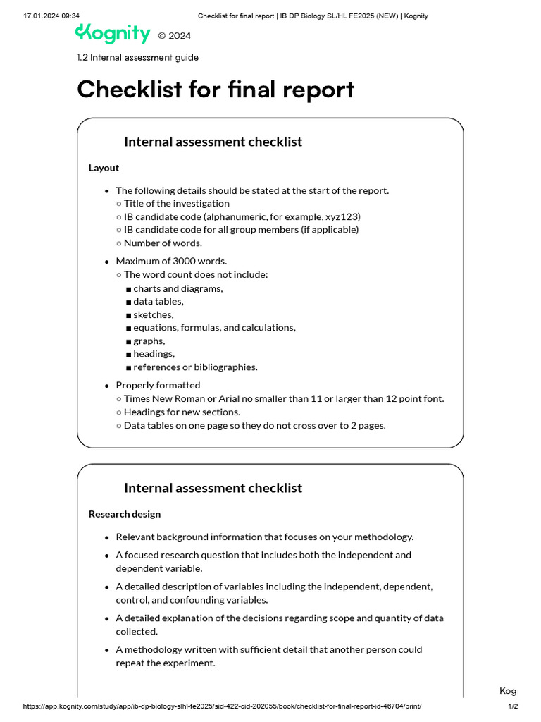 Checklist For Final Report - IB DP Biology SL - HL FE2025 (NEW ...
