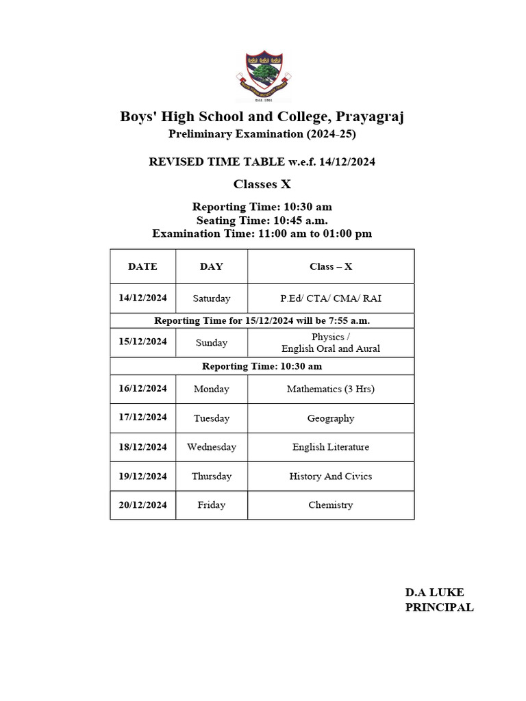 Revised Time Table Class 10 | PDF