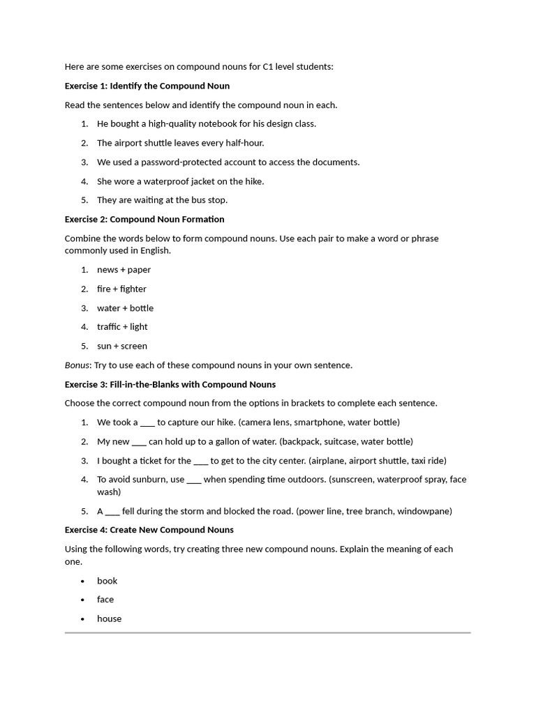 Here Are Some Exercises On Compound Nouns For C1 Level Students | PDF ...