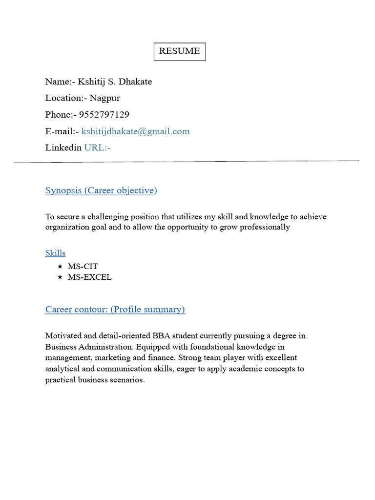 BBA Student Resume - Kshitij Dhakate | PDF