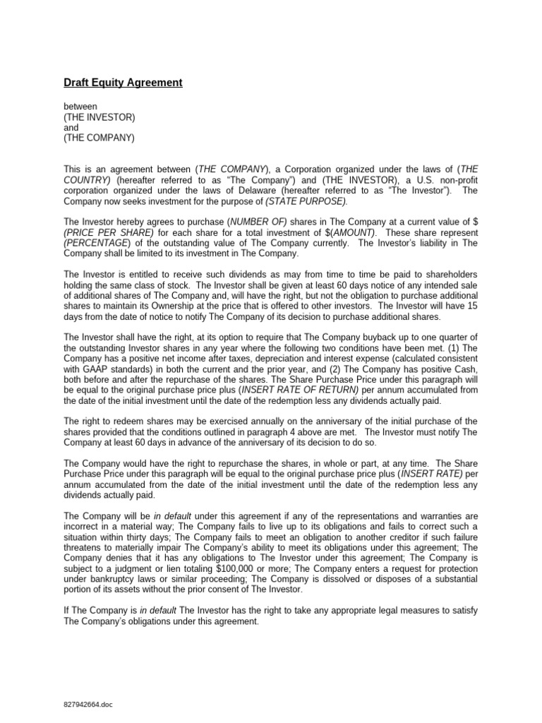 Draft Equity Agreement | PDF | Equity (Finance) | Investing