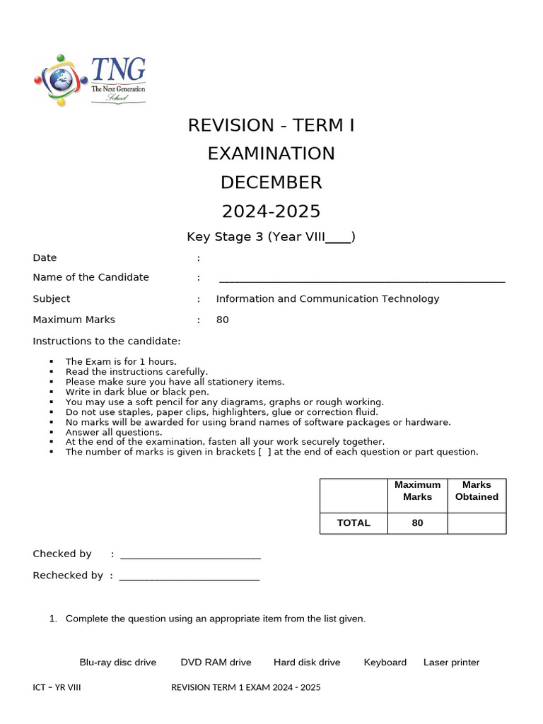 Revision Ict Y08 t1 Theory QP | PDF | Computer Data Storage | Computer Hardware