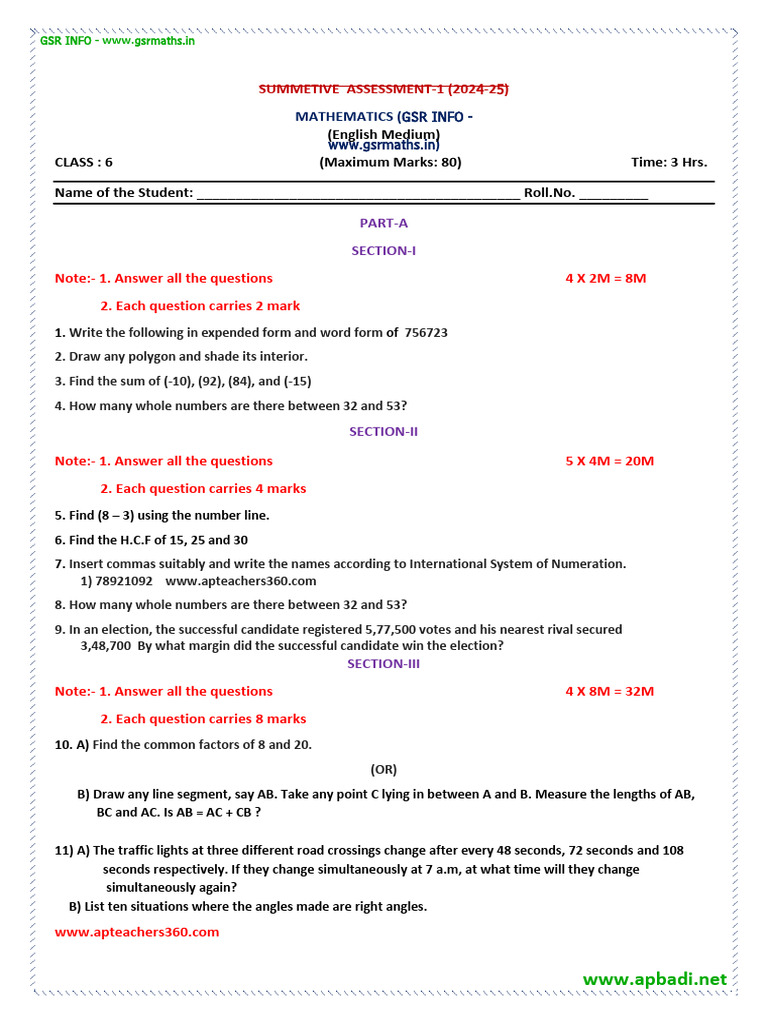Class 6 Math Exam 2024-25 | PDF | Perpendicular | Elementary Mathematics