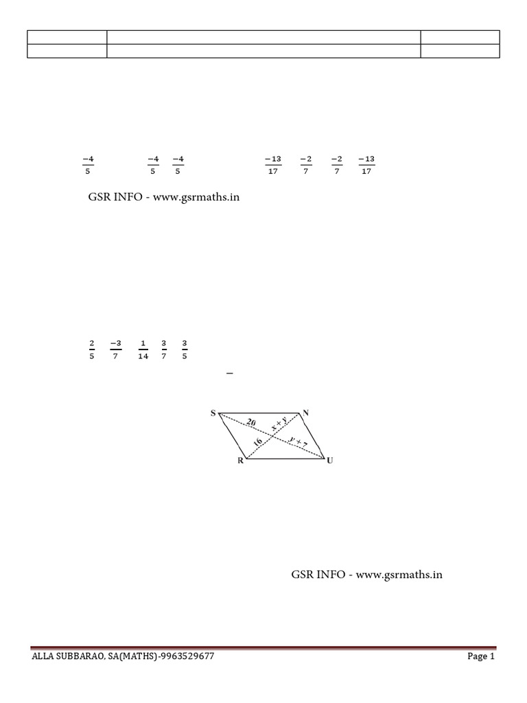 8th Class SA 1 Maths Model Paper 1 GSR INFO-www - Gsrmaths.in | PDF ...