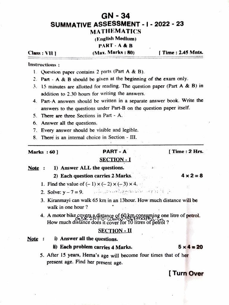 7th Class SA 1 Maths 2022-23 Paper GSR INFO-www - Gsrmaths.in | PDF | Triangle | Euclidean Plane ...