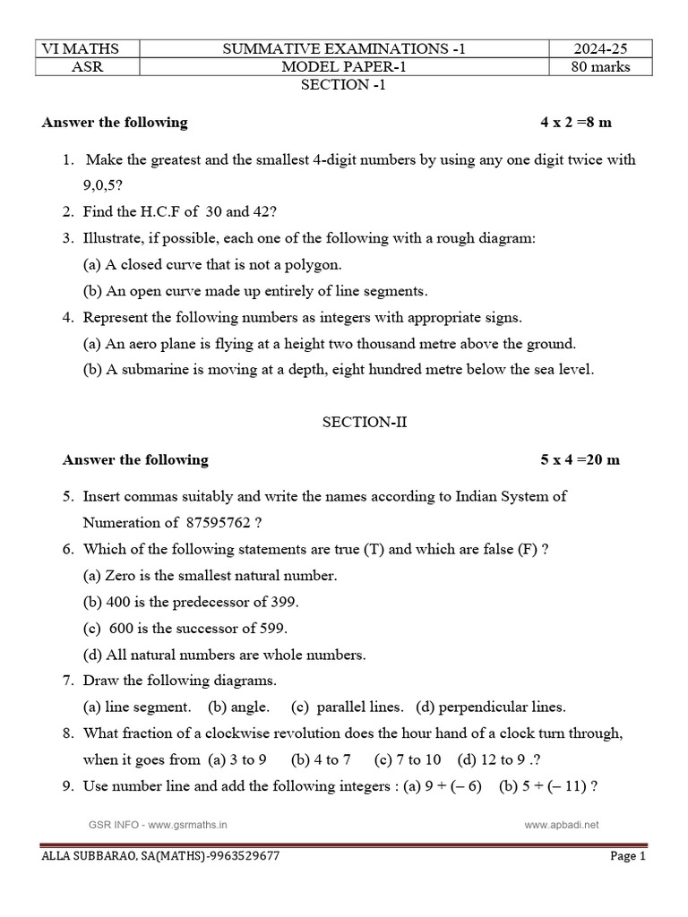 6th Class SA 1 Maths Model Paper 1 GSR INFO-www - Gsrmaths.in | PDF ...