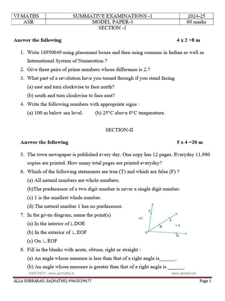 6th Class SA 1 Maths Model Paper 3 GSR INFO-www - Gsrmaths.in | PDF ...