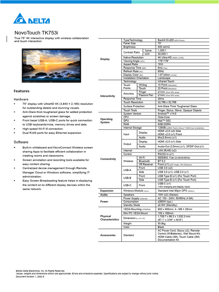 Delta NovoTouch TK3 75 Datasheet Rev3-13.9 | PDF | Usb | Hdmi