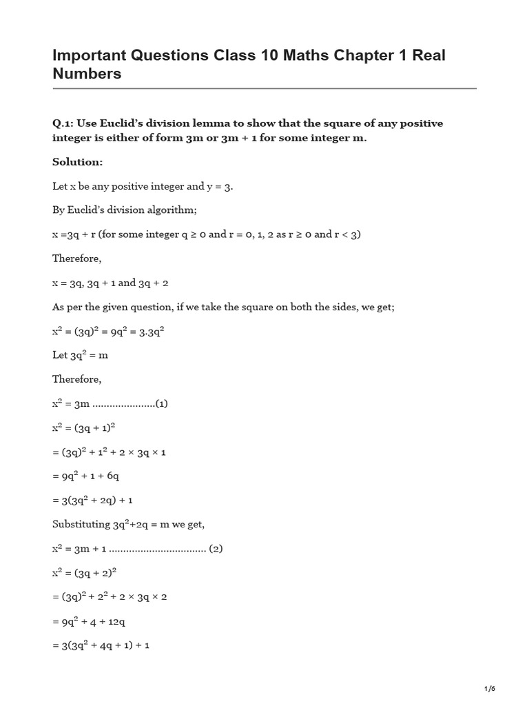 Class 10 Chapter 1 Maths Important Question | PDF | Theoretical ...