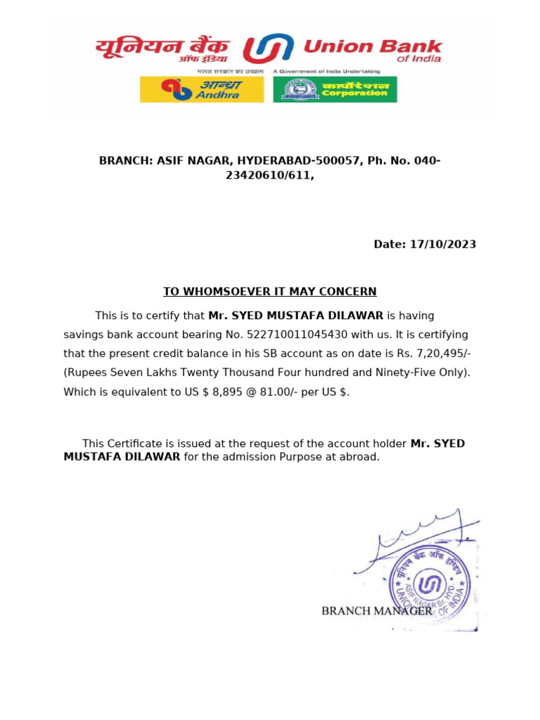 Union Bank Balance Certificate | PDF