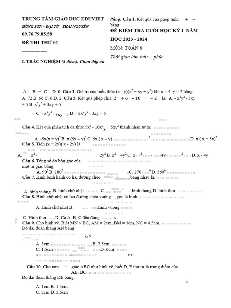 de 01 - de Kiem Tra Cuoi Ki 1 Toan 8 - Eduviet - 2023-2024 | PDF