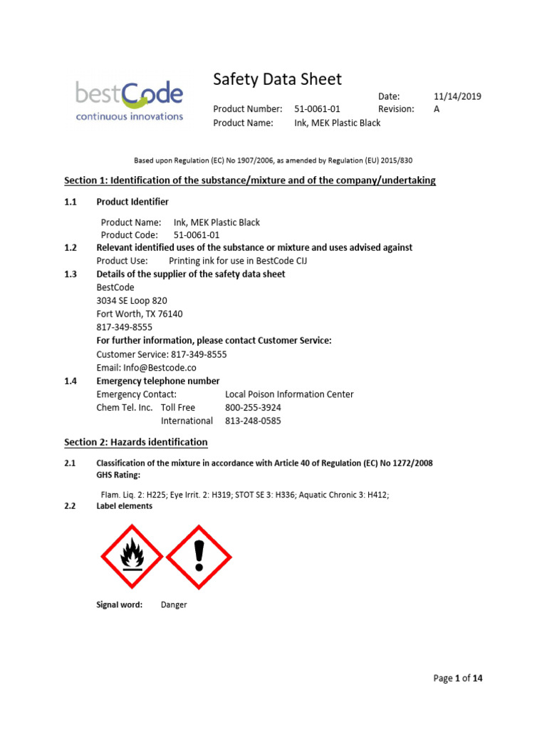 51-0061-01 Ink, MEK Plastic Black, SDS | PDF | Safety | Occupational ...