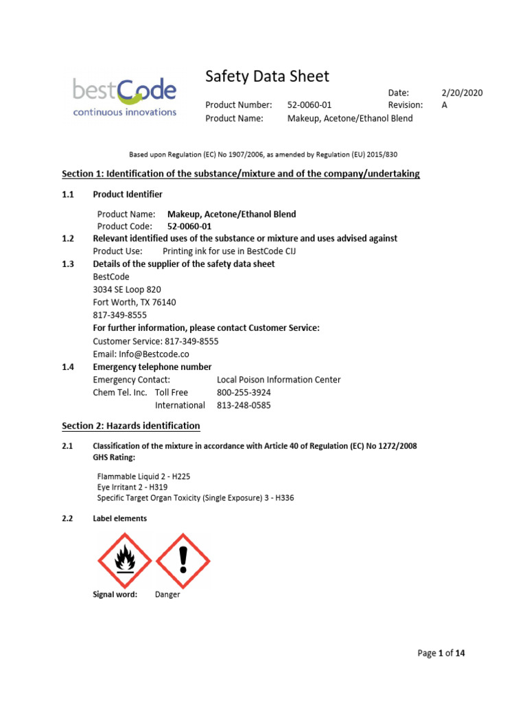 52-0060-01 Makeup, Acetone Ethanol Blend, SDS | PDF | Toxicity ...