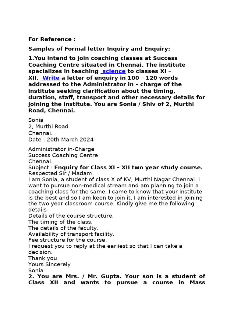 Samples of Formal letter Inquiry and Enquiry | PDF
