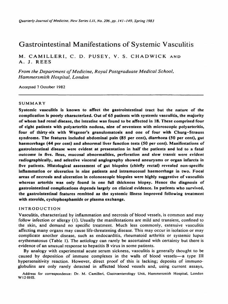 Gastrointestinal Manifestations of Systemic Vasculitis 1983 | PDF ...