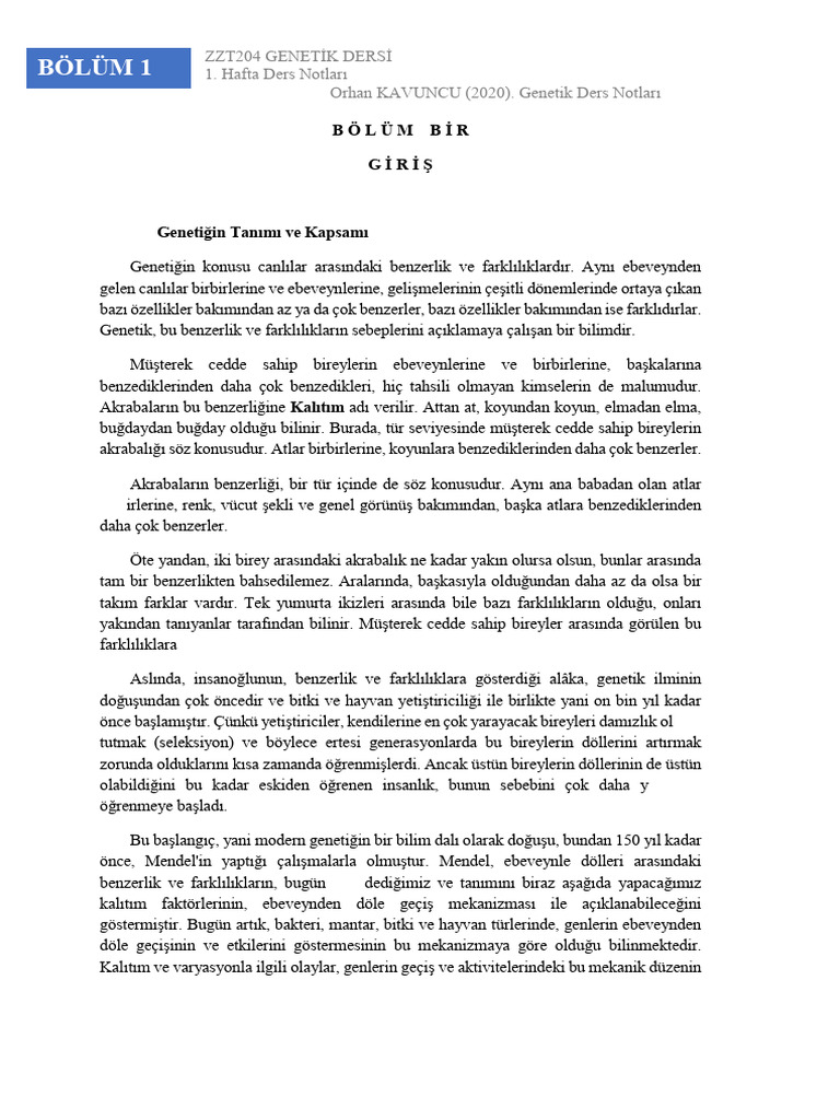 1 Hafta Genetik Dersi Ile Ilgili Genel Bilgilerin Tanımlanması Ve Giriş ...