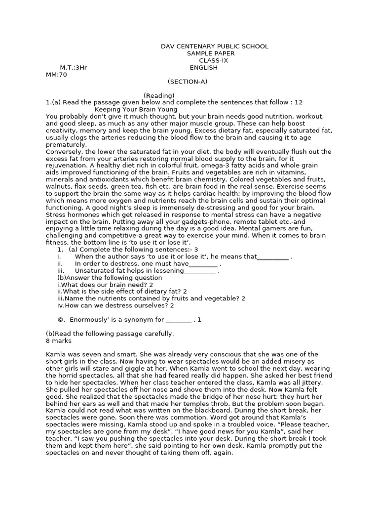 IX-PRACTICE PAPER-ENGLISH-SET-1 | PDF | Fat | Brain