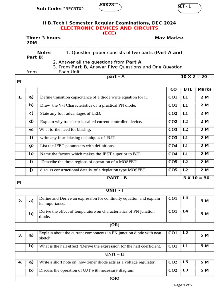 EDC Model Paper | PDF | Bipolar Junction Transistor | Field Effect Transistor