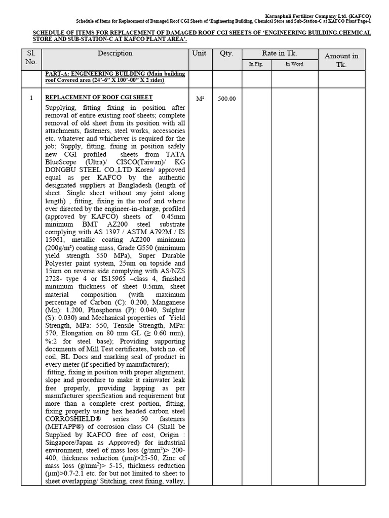 Section 6 Schedule of Items of Work - V1 | PDF | Roof | Specification ...