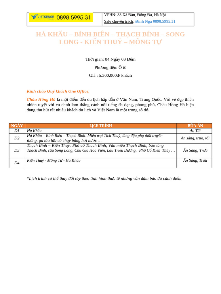 BÌNH BIÊN - THẠCH BÌNH - KIẾN THỦY - MÔNG TỰ 4N3D - Dinh Nga gui (thêm điểm đi) | PDF