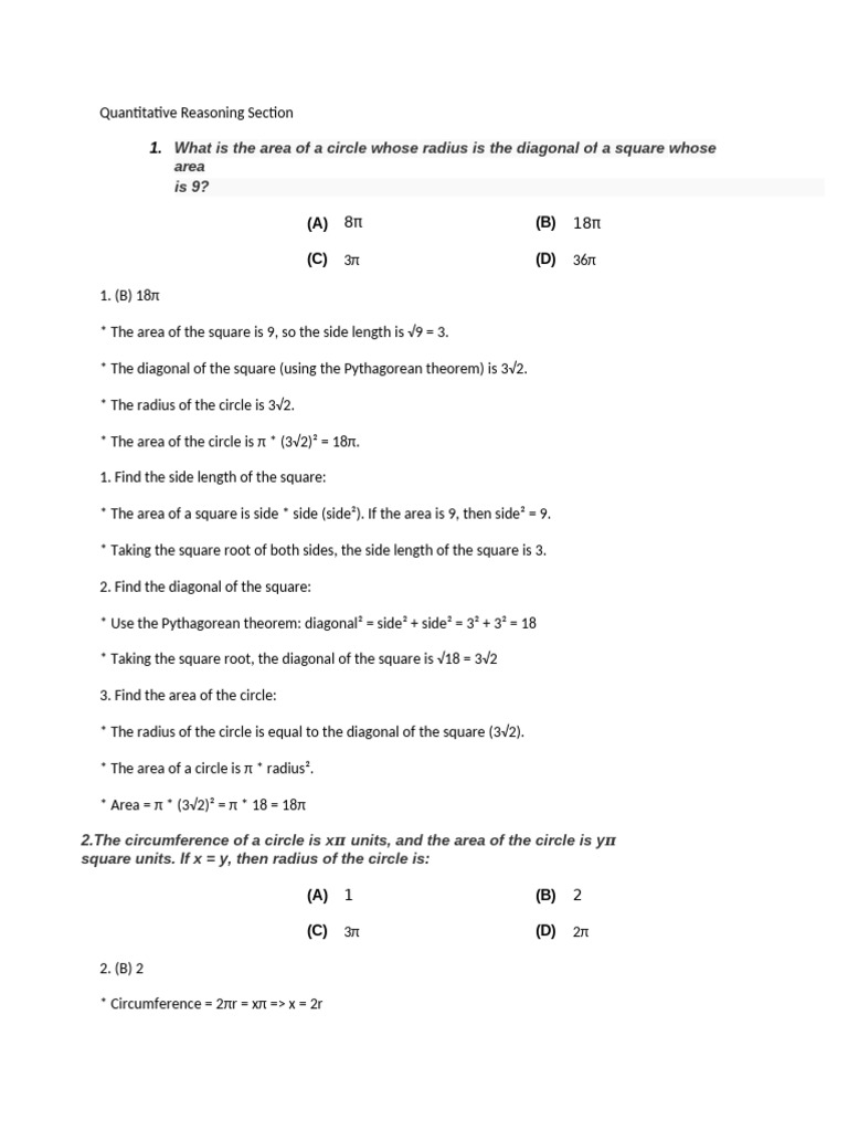 Quantitative Reasoning Answer | PDF | Area | Circle