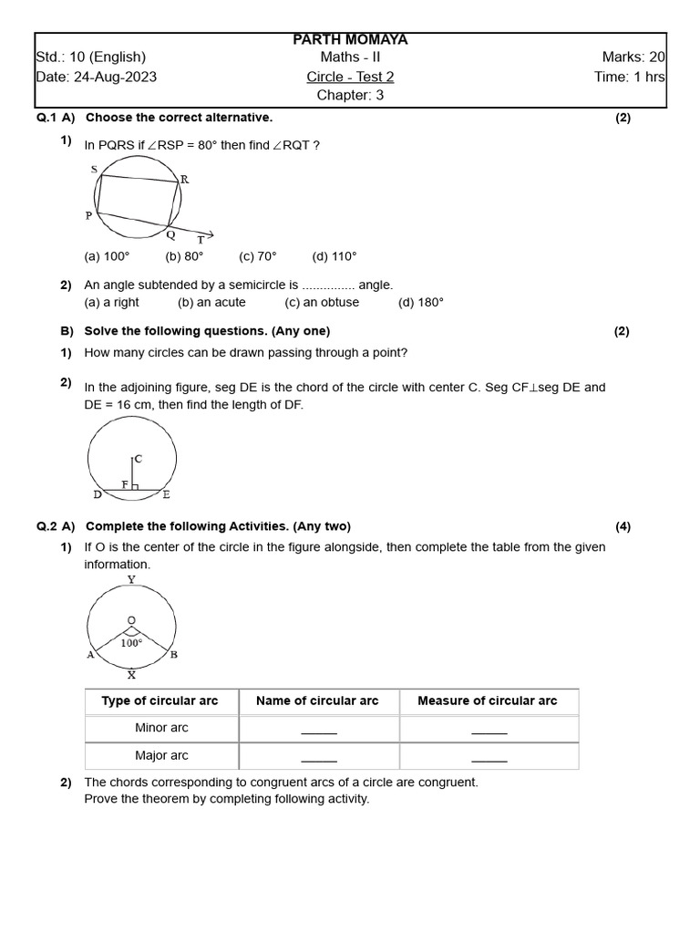 Circle test 2 | PDF | Circle | Angle