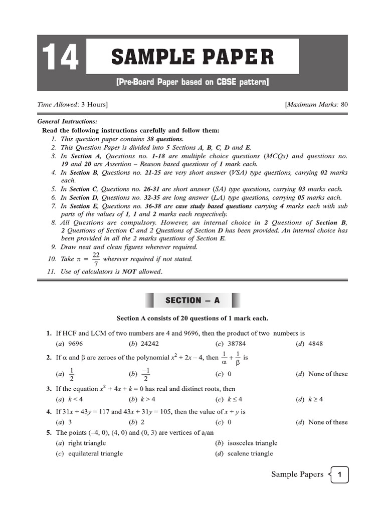 Cbse Cl10 Ead Mathematics Pre-Board Paper 14 | PDF