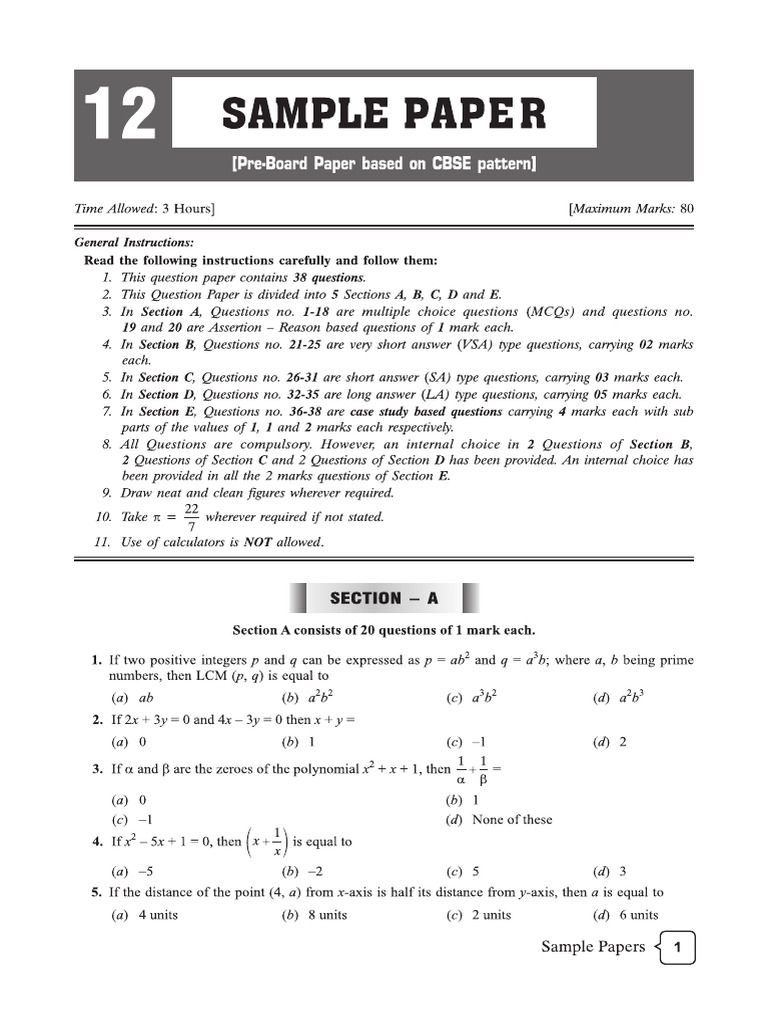 Cbse cl10 Ead Mathematics Pre-Board Paper 12 | PDF
