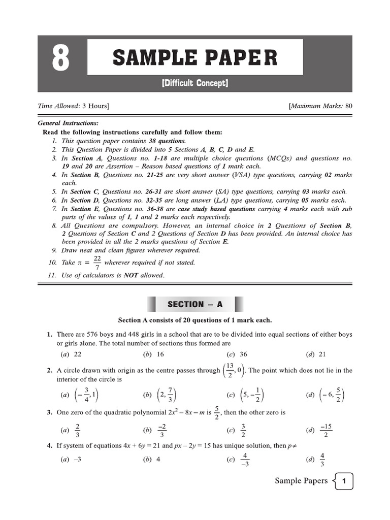 Cbse cl10 Ead Mathematics Difficult Paper 8 | PDF