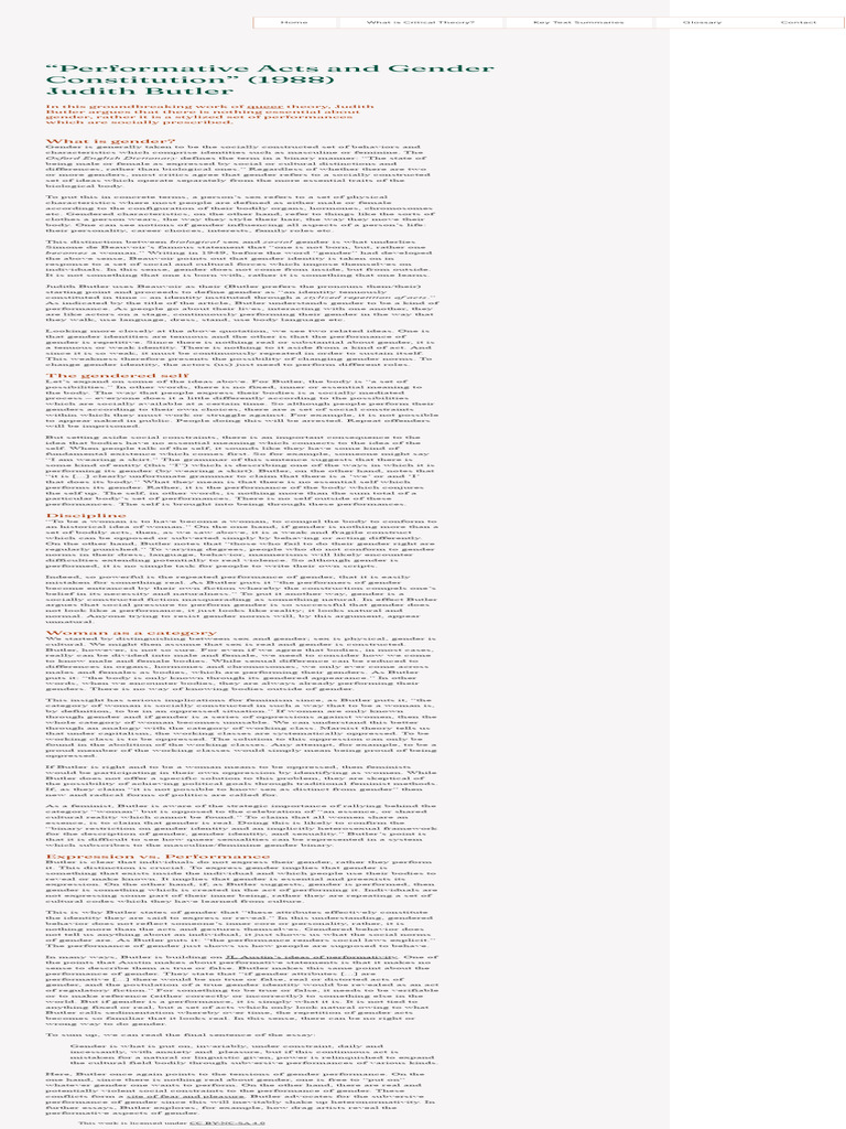 Performative Acts and Gender Constituion by Judith Butler Full Text ...