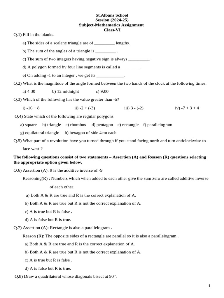 Class 6 Revision Assignment (2024-25) | PDF | Rectangle | Geometry