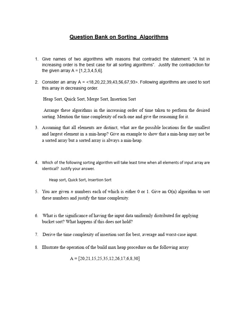 Question Bank On Sorting Algorithms | PDF | Applied Mathematics | Algorithms And Data Structures