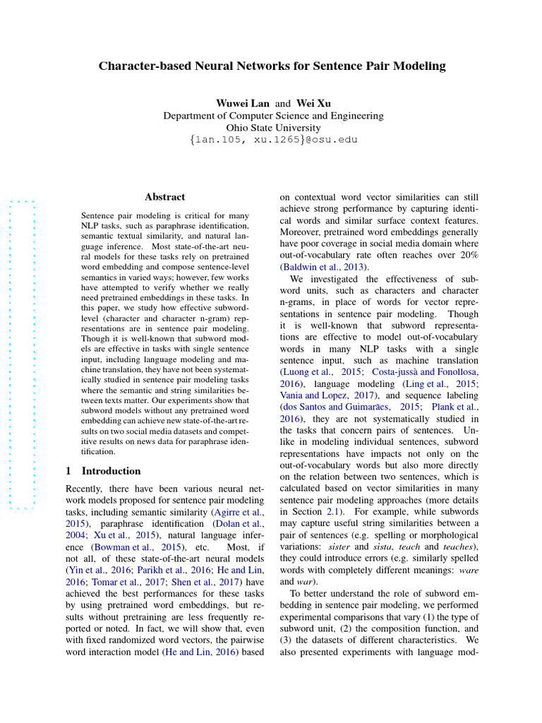 Character Based Neural Networks For Sentence Pair Modeling Pdf