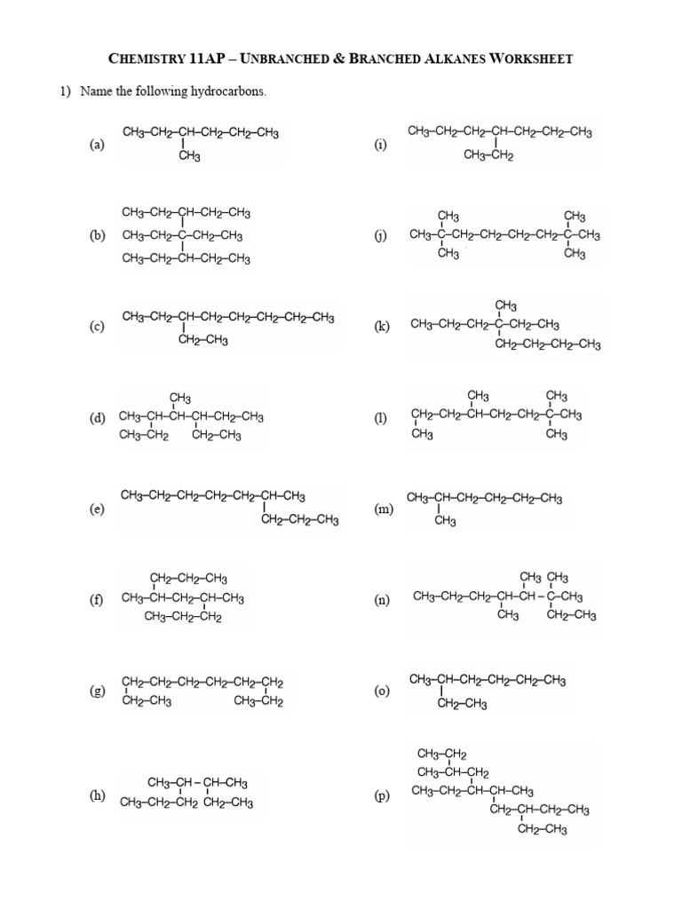 Unbranched and Branched Alkanes Worksheet 2ll0tsj | PDF