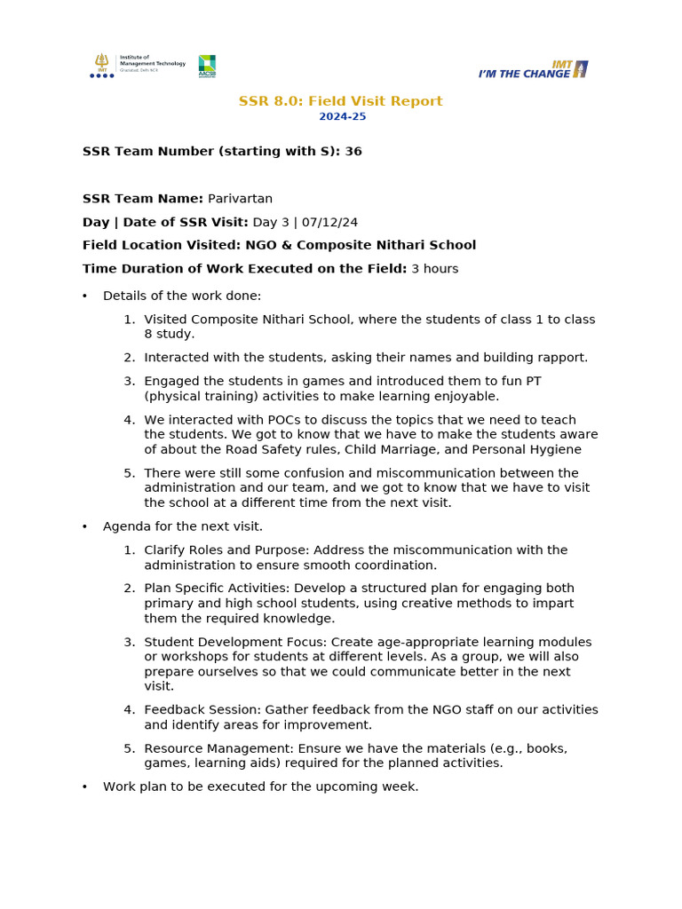 S36 - Parivartan - Field - Visit Report | PDF | Cognition | Behavior Modification