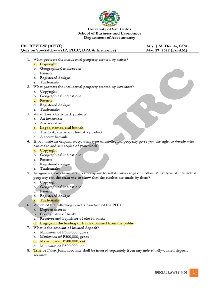 IRC 5 Quiz On Special Laws 2 | PDF | Intellectual Property | Patent