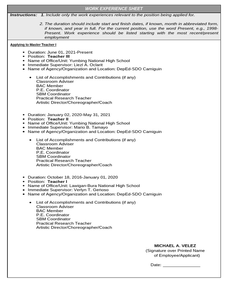Blank Work Experience Sheet1 | PDF | Teaching | Behavior Modification