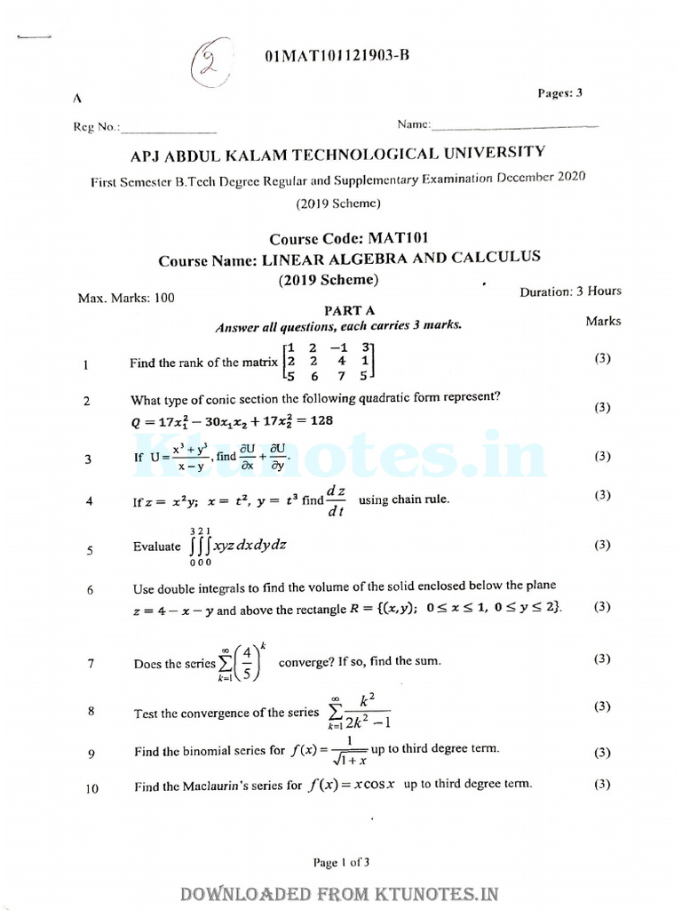 MAT101-Answer Key 1 | PDF